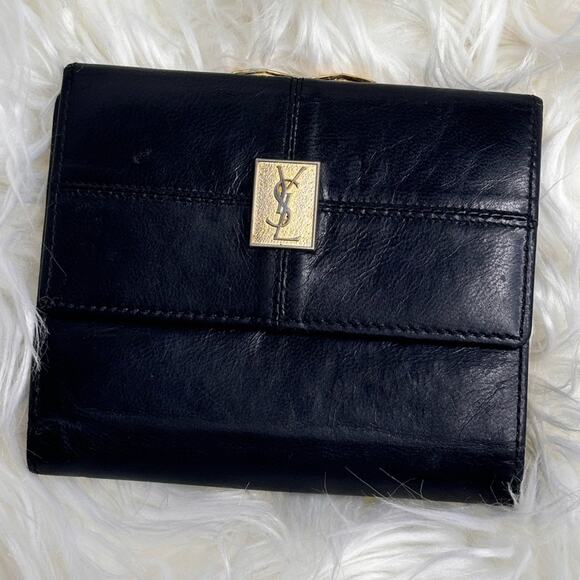 Yves Saint Laurent | Bags | Ysl Trifold Leather Black Wallet With Kiss ...